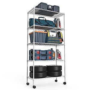 5 Tier NSF Wire Shelf Shelving Unit, 14 x 30 x 60 Inch 750lbs Capacity Adjustable Storage Metal Rack with Wheels/Leveling Feet & Shelf Liners, Ideal for Garage, Kitchen, Office Home and More - White