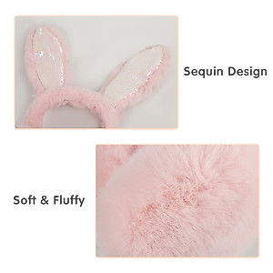 Surblue Foldable Cute Rabbit Moving Earmuffs Winter Warm Outdoor Ear Covers Headband Fur Earwarmer Pink