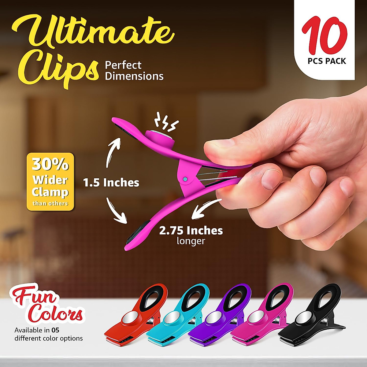 Magnus 10 Pack Magnetic Chip Clips - Tight Sealing Bag Clips for Food Packages with Super Strong Magnet Clips for Fridge Heavy Duty - Food Clips for Bags, Chip Bag Clip for Food Storage (Matte Pink)