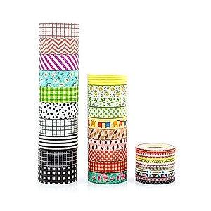 Washi Tape Set Gift Box, 30 Rolls 3 Sizes 15mm 10mm and 3mm Arts and Crafts, Decorative Masking Craft Cute Tape, Great Scrapbooking Tape Set, DIY Bullet Journal, Planner Washy Tape