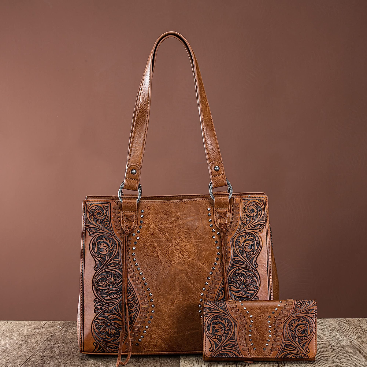 Montana West Trinity Ranch Floral Tooling Hand Bags Purses for Women Tote Bag Western Purse Large Shoulder Handbag with Wallet Set TR147G-8036BR+W
