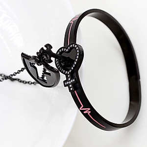 Stainless Black Heart Lock Bangle Heartbeat Line CZ Pave Cross Cuff Bracelet with Shield Key Pendant Necklace Couples Set (Heart, Black)