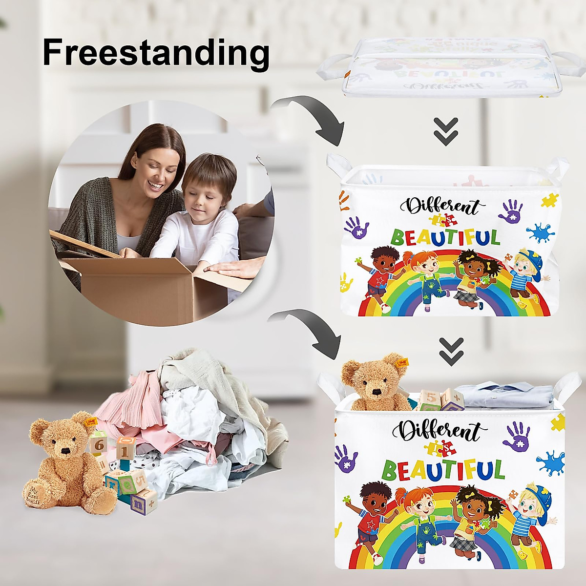 Clastyle Rainbow Baby Laundry Hamper Kid Storage Basket Boy Girl Gift Toy Box Graffiti Handprints Large Clothes Organizer Nursery Bin for Bedroom, (Colorful 36L)