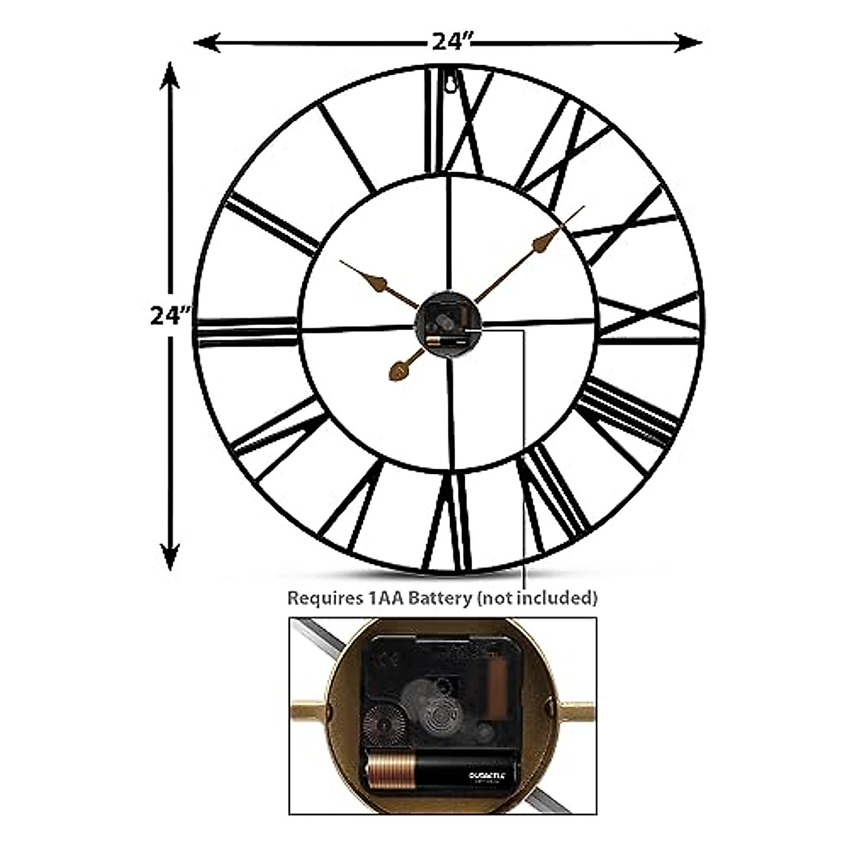 Sorbus Large Decorative Wall Clock 24 Inch, Oversized Centurian Roman Numeral Style Modern Home Decor Ideal for Living Room, Analog Metal Clock, 24" Round (Black)