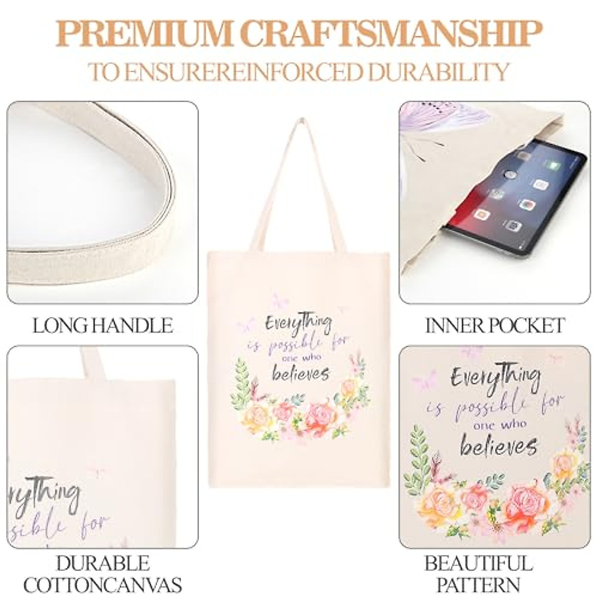 8 Pcs Christian Canvas Tote Bag for Women Bible Verse Religious Gift Bags Bulk Reusable Bible Tote Library Book Bag Christian Gift for Women (Christian)