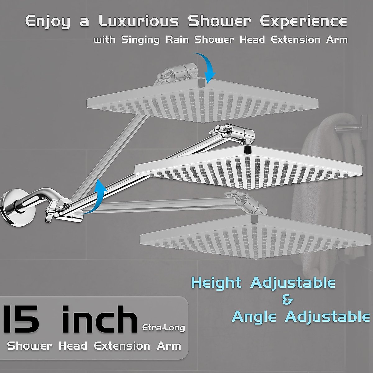 8'' Rain Shower Head with 15'' Extension Arm- 𝟮 𝗳𝗼𝗿 𝟭 𝗖𝗼𝗺𝗯𝗼 Large Surface Fixed Square Shower Head- Extra Long Adjustable Shower Head Extension Arm- Singing Rain Ultimate Shower Experience