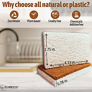 BPA Free Premium 6-Pack Biodegradable Natural Kitchen Dish Sponge Vegan Plant-Based All-Natural Non-Scratch Coconut Fiber & Wood Cellulose sponges Eco-Friendly Organic EcoGrove