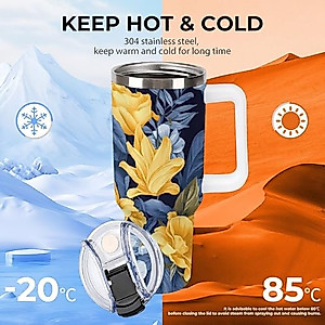 LLUTSNTH 40 Oz Vacuum Tumbler with White Handle Leakproof Insulated Tumbler Blue Base Yellow Floral Stainless Steel Travel Mug with Lid And Straw Coffee Cup Cute Water Bottles Cup Holder Friendly