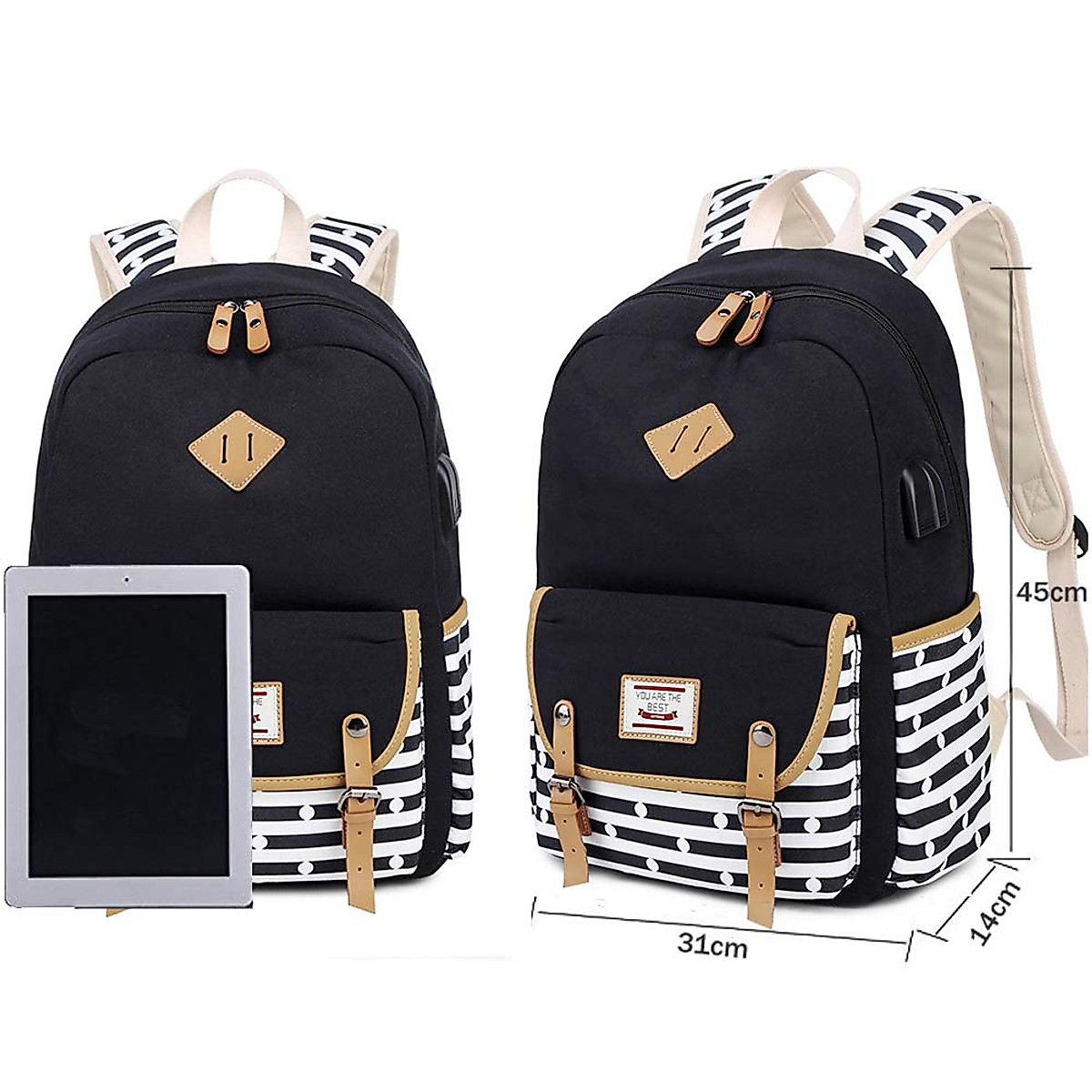 BAGTOP School Canvas Backpack Set - 15" Laptop Backpack with USB Charger Port Travel Daypack Bookbag + Drawstring Backpack + Purse/Clutch Pouch(Black-4)