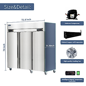 ICECASA 72" W Commercial Refrigerators and Freezer Combo Reach-in 54 Cu.ft 3 Solid Door Stainless Steel Refrigerators and Freezer Combo Fan Cooling for Restuarant, Bar, Shop, etc