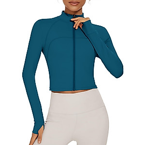 Ivicoer Women's Cropped Running Workout Jackets Lightweight Zip Slim Fit Athletic Tops with Thumb Holes Navy Blue, L