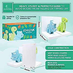 Decorably Dinosaur Bookends for Kids - Kids Bookends, Kids Book Ends for Boys Room, Cute Book Ends for Kids Room, Boy and Girl Bookends, Kid Book Ends, Child Bookends, Nursery Bookends for Baby Room