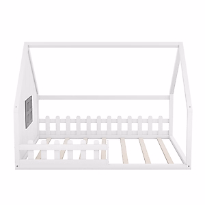 DEINPPA Full Size House Bed with Fence Guardrails, Kids Floor Bed with Roof Design and Window Design, Wood Bed Frame for Kids Toddler Boys Girls-White