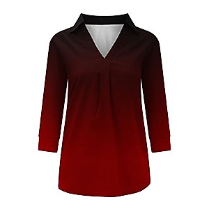 3/4 Sleeve Tops for Women Summer Solid Gradient Color V-Neck Shirts Blouse Empire Waist Loose Casual Trendy 2023