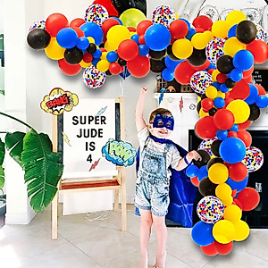 Superhero Party Supplies-110pcs Black Blue Red Yellow Confetti Latex Balloons Garland Kit for Avengers Birthday Boys Girls Baby shower Party Decoration