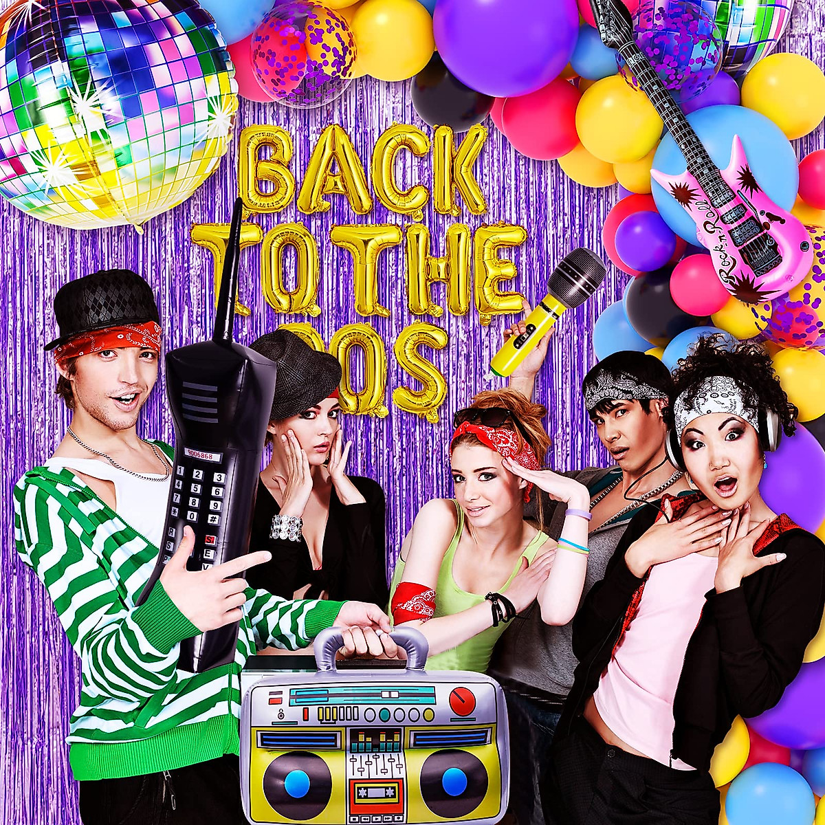 101PCS 90s Party Decorations, 90's Birthdays Party Supplies Bundle Includes Inflatable Disco Ball Radio Boom Box Retro Mobile Phone Guitar and Mobile Phone, Back to 90s Hip Hop Party for Adults