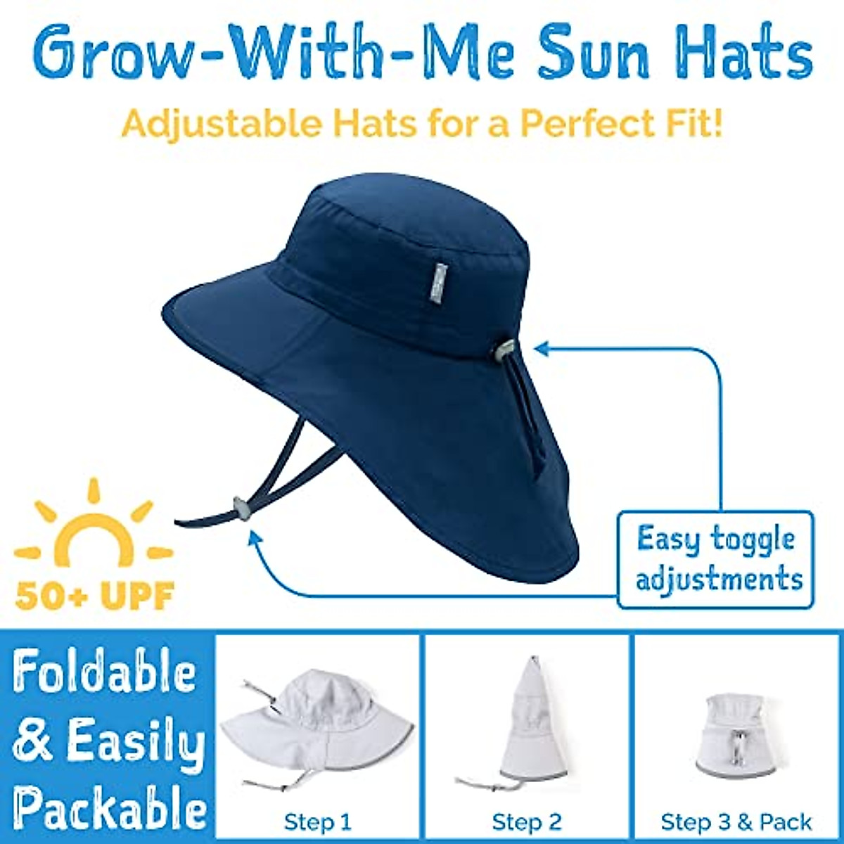 JAN & JUL Adjustable Adventure Baby Sun Hat for Boy Large Brim (M: 6-24 Months, Navy: Navy Trim)