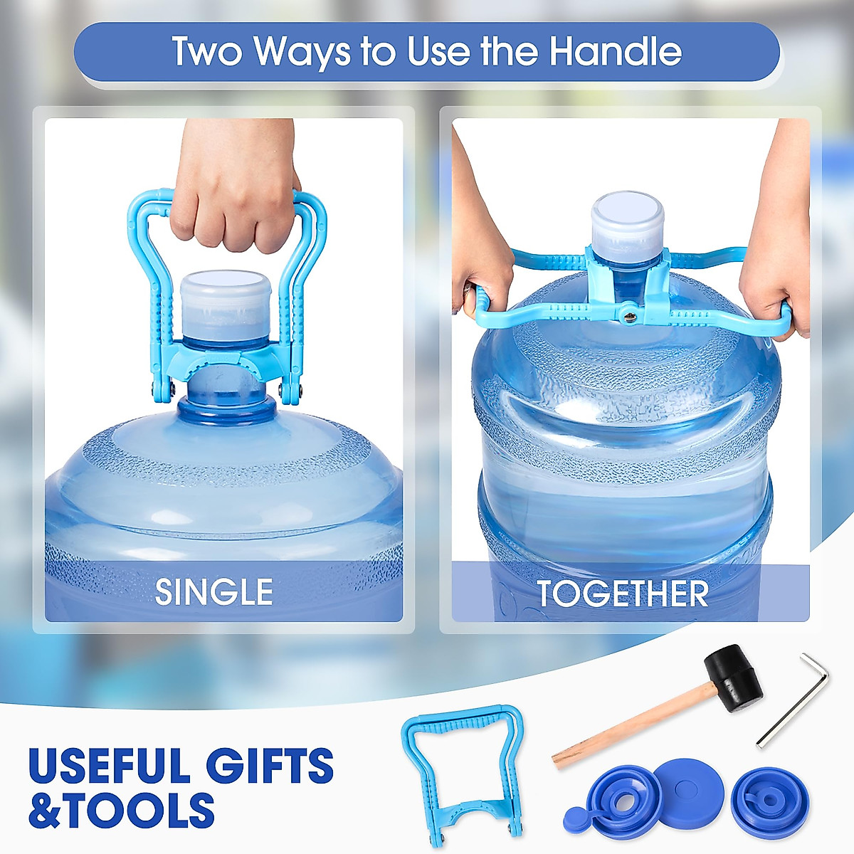 Klvied 5 Gallon Water Jug Holder, 3 Tier Water Jug Rack, Water Jug Stand for 5 Gal Water Bottle, Water Jug Stand, Heavy Duty Water Gallon Holder for 6 Bottles with Lifter and 5 Gallon Water Jug Cap