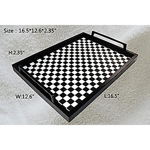 MCBZ Living Room Bedroom Decorative Tray, Coffee Table Kitchen Serving Tray, PU Leather Tray with Metal Handle 16.5 x 12.6 inches (Black and White Grid)