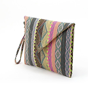 DukeTea Bohemian Oversized Clutch Purse, Large Canvas Envelope Evening Wristlet Bag Pink