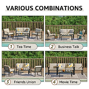 NATURAL EXPRESSIONS 4 Pieces Patio Furniture Sets,Metal Outdoor Patio Furniture Sets,Outdoor Sectional Furniture Patio Conversation Set,Wooden Anti-Scald Armrest,Sling Mesh,4" Olefin Cushions