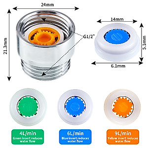 Hotop 8 pieces of Shower Flow Reducer Limiter Set, Water Restrictor, 1/2 inch Thread size 4, 6 and 9 L/min for bathroom saving, Suitable Fixed Head or Handheld