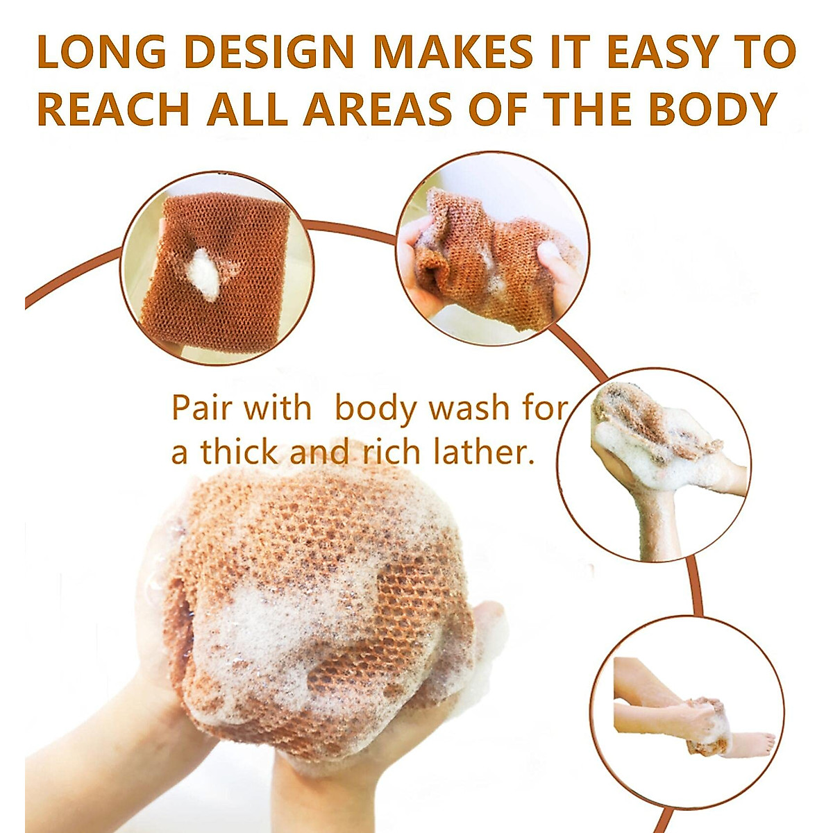 African Net Long Bathing Sponge,Net Exfoliating Back Scrubber for Body,Exfoliating Back Towel,Pack of 1 (Brown)