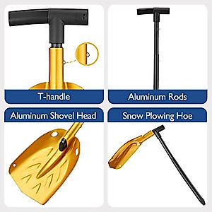 Folding Snow Shovel for Car Aluminum Lightweight Emergency Shovel Kit with Ice Scraper Brush and Metal T-Handle Portable Snow Removel Tool for Garden Camping Truck Yellow