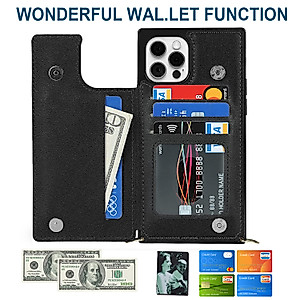 DEFBSC Compatible with iPhone 14 Pro Max Case, Crossbody Wallet Case, Adjustable Detachable Lanyard Neck Strap with Kickstand Leather Card Holder Protective Cover-Black