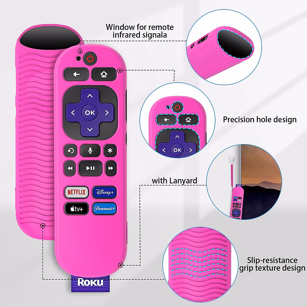 YIPINJIA Cover for Roku Voice Remote Official,【3Pack】Soft Silicone Case(Glow in the Dark)for Roku Players/Roku Audio/Roku TV Controller with Lanyard|Light Weight/Anti Slip/Shock Proof(Blue+Green+Pink)