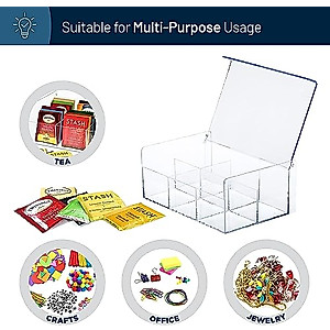 RoyalHouse Acrylic Tea Bag Holder Storage Organizer, 6 Compartment BPA Free Clear Plastic Tea Box with Lid, Multi-Purpose storage Box for Tea Bags, Office Supplies, Crafts, and Small Items (Pack of 3)