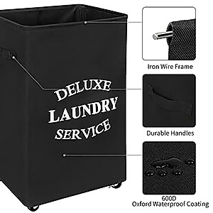 WOWLIVE Large Rolling Laundry Basket Wheels 90L Collapsible Tall Laundry Hamper Handle Foldable Dirty Clothing Basket Fold up Rectangular Hampers for Laundry Dorm Room (Black)