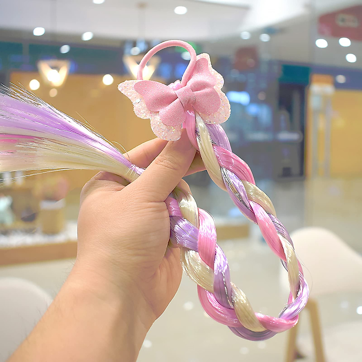6Pcs Girls Colored Braids Hair Extensions with Rubber Bands, Rainbow Braided Hairpieces Hair Bows Wig Ponytails Kids Favor DIY Hair Accessories for Girls Gift Birthday Party Cosplay Daily Dress Up