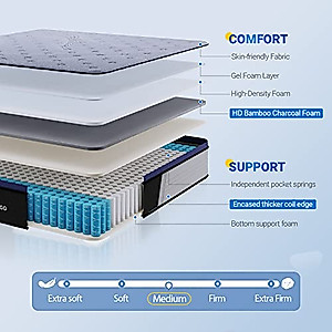 Avenco King Mattress, King Mattress in a Box, 12 Inch Hybrid Mattress King, Medium Firm, Pocket Innerspring for Motion Isolation, Bamboo Charcoal Memory Foam for Odor Reducing, CertiPUR-US