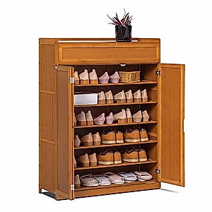 MoNiBloom Bamboo 7-Tier Shoe Organizer Cabinet with Folding Door Pull-Down Compartment Heels Boots, Hallway Entryway, Brown