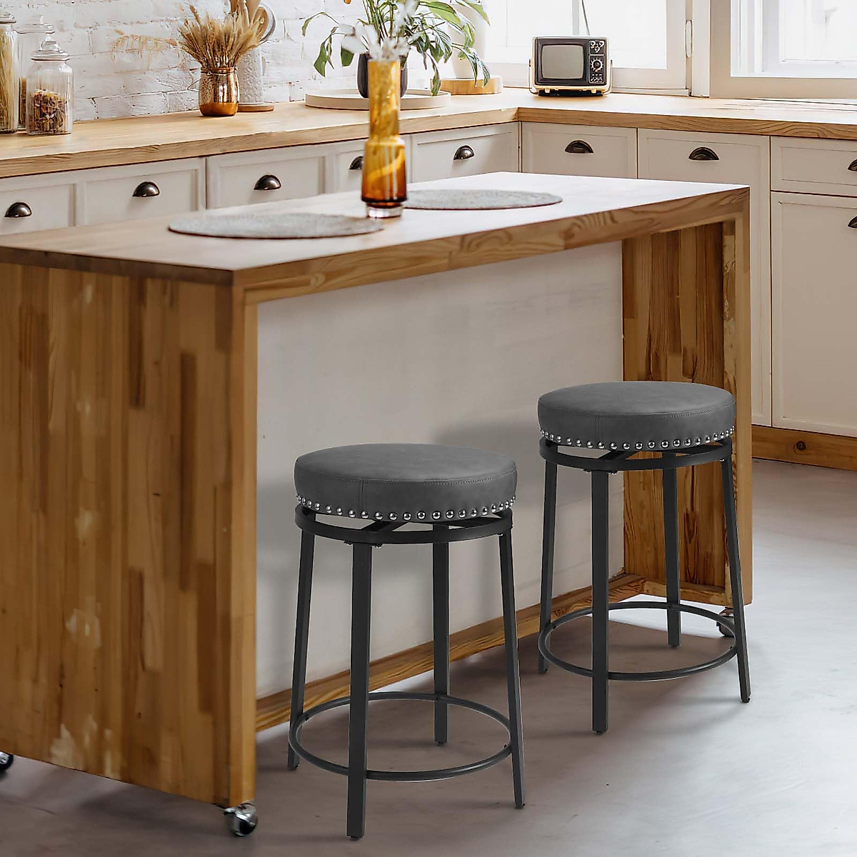 FLYZC Bar Stools Set of 2 Counter Height Swivel Bar Stools Backless Round Barstools 24inch Grey Upholstered Faux Leather Counter Height Stools Counter Stools for Kitchen Counter Island Grey