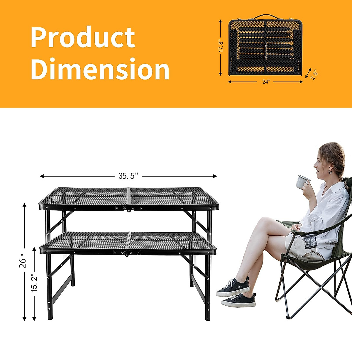 Moosinily Camping Table 3FT Grill Table Foldable Folding Table Picnic Portable Stand Mesh 2 Height Adjustable Outdoor Card BBQ RV Black 35.5×23.6 ×26 inch