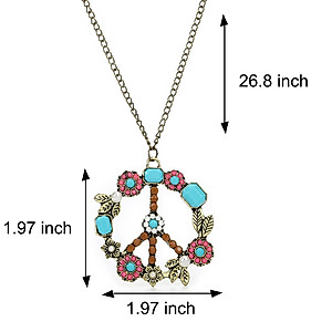Zehope Peace Sign Necklace Vintage Hippie Pendant Necklaces Chain 60s 70s Long Turquoise Necklace Accessories for Women