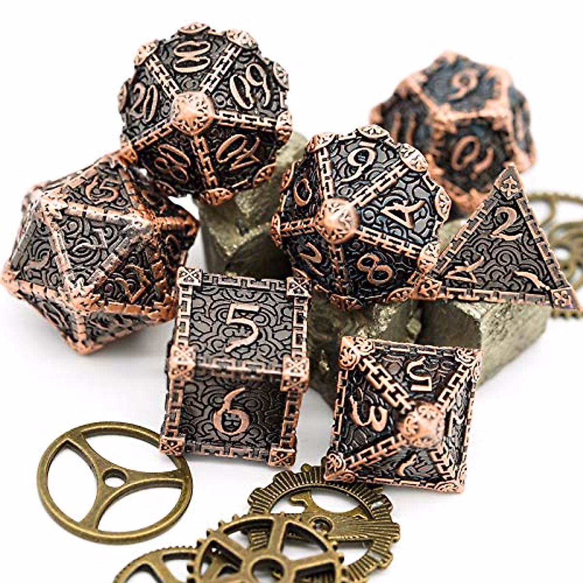 Cusdie Metal Dice with Metal Box, 7 PCs DND Metal Dice, Dagger Design Polyhedral Dice Set, for Role Playing Game D&D Dice MTG Pathfinder (Ancient Copper)
