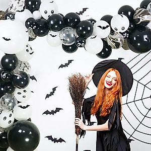 123 Pcs Halloween Balloon Arch Garland Kit, 18" 12" 5" Black White Latex Balloons 18" Boo Foil Balloon with 3D PVC Bat Halloween Decorations Pack for Halloween decoration Halloween Party Supplies