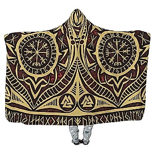 Medieval 3D Printing Hooded Blanket Warm Vegvisir Compass Celtic Knot Unisex Winter Wearable Hooded Blanket Double Layer Thick Plush Fleece Blanket Cape (Color : A, Size : 80x60in/150x200cm)