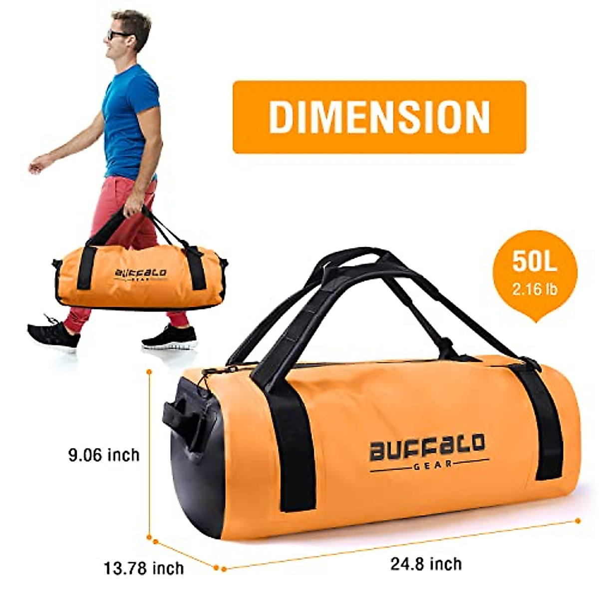Buffalo Gear Adventure Bag 50L - Heavy Duty Waterproof Duffel Bag for Boating, Motorcycling, Hunting, Camping, Kayaks or Jet Ski. Gets Gear Through Any Conditions (Orange)