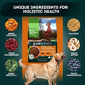 Only Natural Pet Raw Blends Grain-Free Dog Food, High Protein All-Natural Whole Ingredients & 100% Raw Meat Bites, Poultry Feast, Low Phosphorus, Dehydrated Mix for Large Breed & Picky Eaters, 4 lb