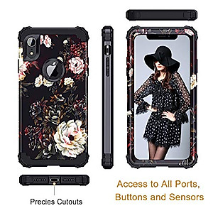 LONTECT for iPhone XR 2018 Case Floral 3 in 1 Heavy Duty Hybrid Sturdy High Impact Shockproof Rugged Durable Protective Cover Case for Apple iPhone XR 6.1, White Flower/Black