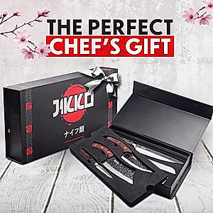 Jikko New Reinforced Carbon Steel Japanese Kitchen Knife Set – Original Series – Ultra Sharp Japanese Knife Set & Chef Knife with Mahogany & Walnut Wood Handles – Professional Chef's Knives