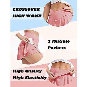 RIOJOY Tennis Skirts for Women with Pockets Inner Shorts Cross High Waisted Golf Athletic Running Workout Sports Outfits(A# V-Waist Pink,M)