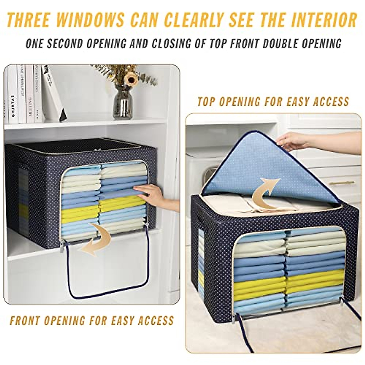 3 Pack Clothes Storage Organizer Bins - Foldable Metal Frame Storage Bins Stackable Oxford Cloth Fabric Container Organizer Set with Carrying Handles and Clear Window (Medium-36L, Navy Blue)
