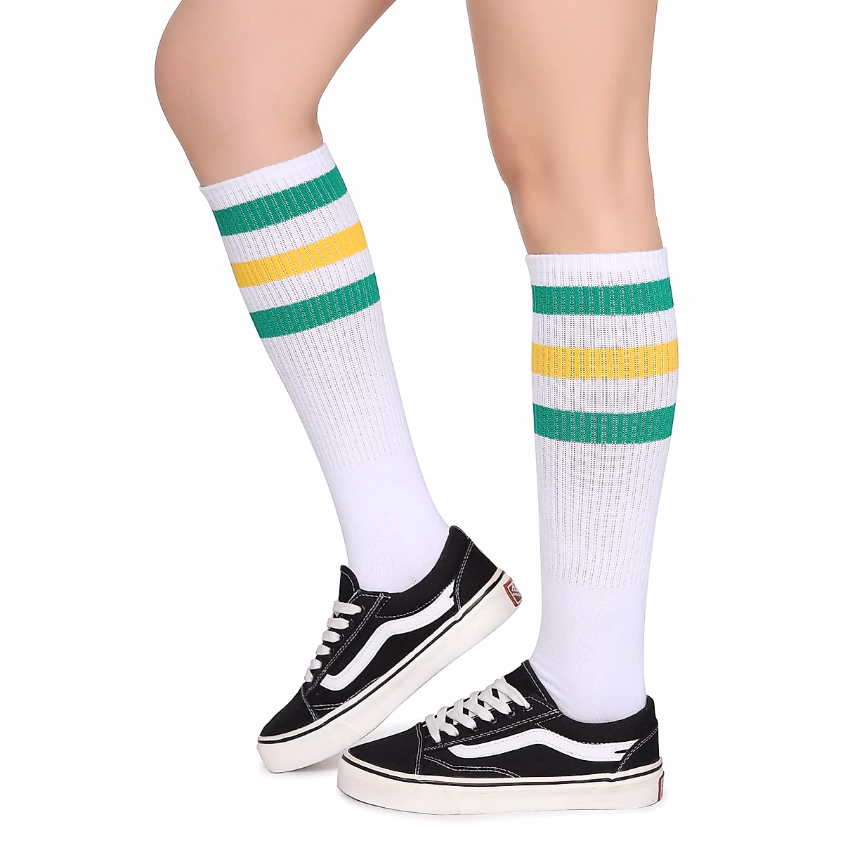 Henwarry 3 Pairs Classic Triple Stripes Over the Calf Cotton Retro Tube Socks for Men and Women (B04-Green/Yellow/White)