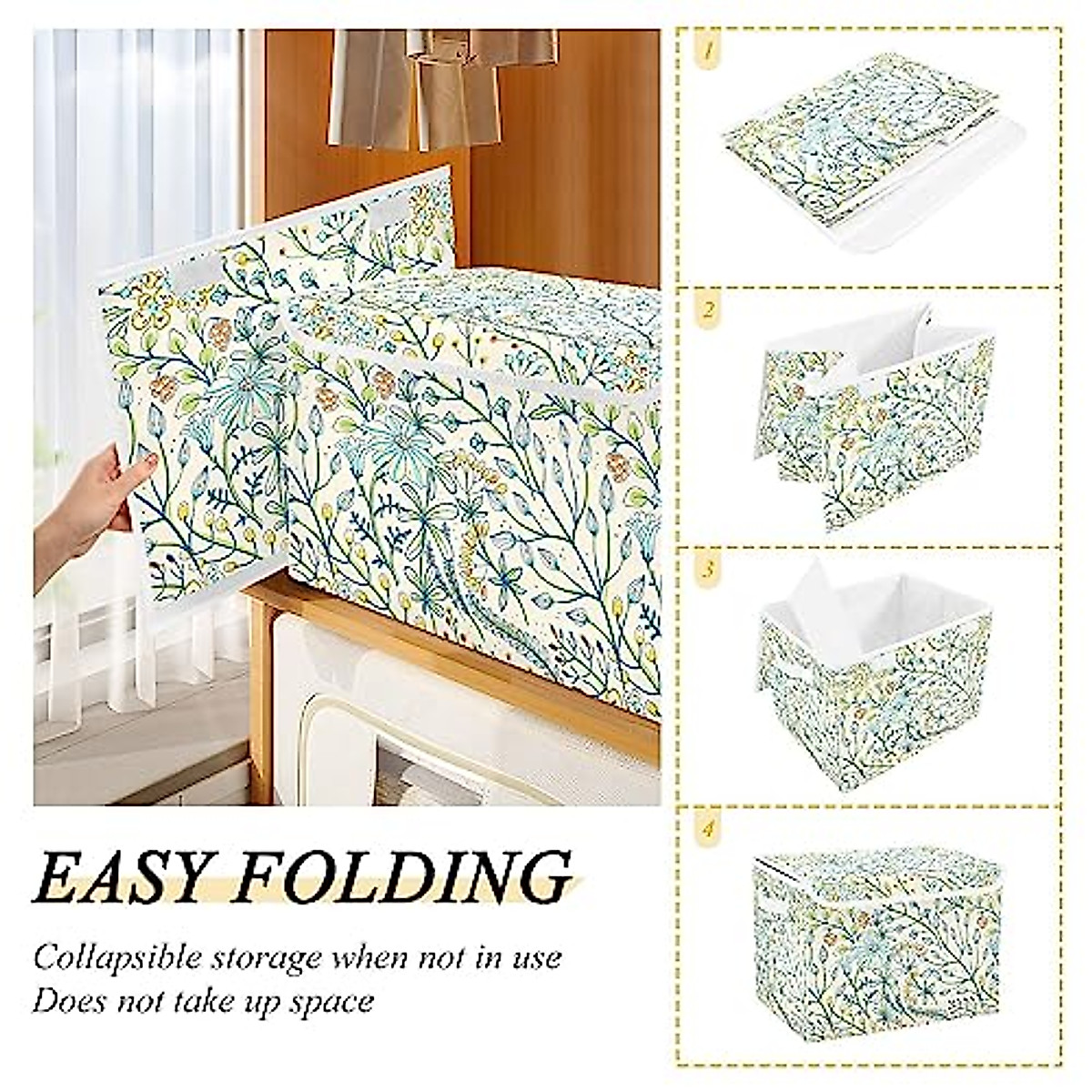 Ollabaky Floral Herbs Berry Foldable Storage Bin with Lid Storage Box Large Cube Organizer Containers Baskets with Handles for Closet Organization, Shelves, Toys, Clothes