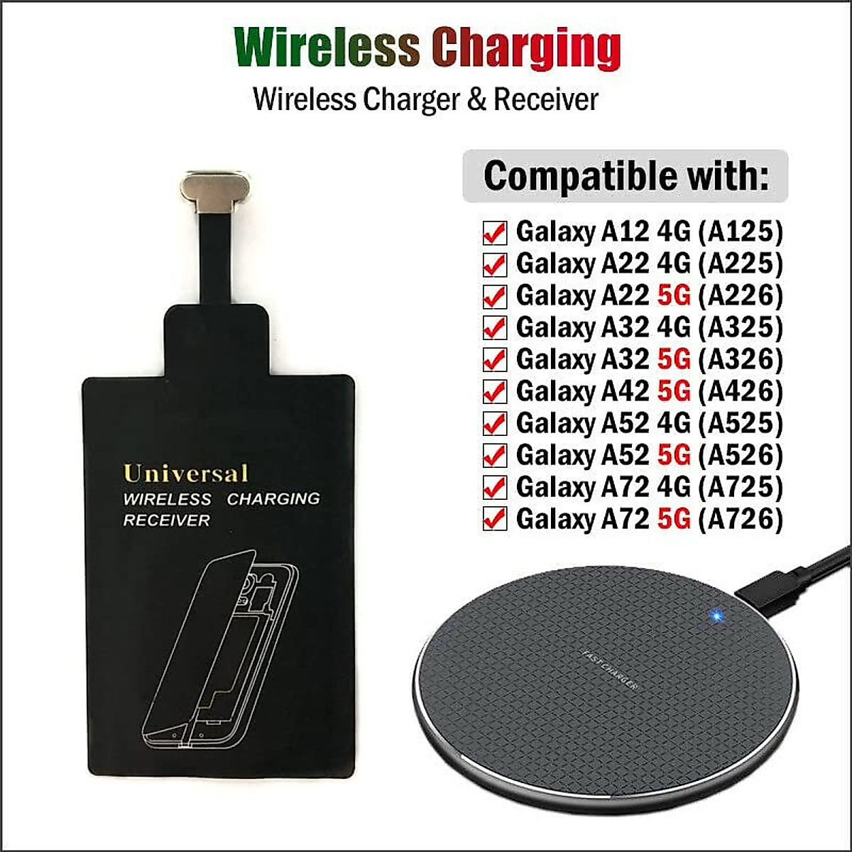 Wireless Charger PAD+External Receiver U01 for Samsung Galaxy A12 A22 A32 A42 A52 A72 4G 5G Black